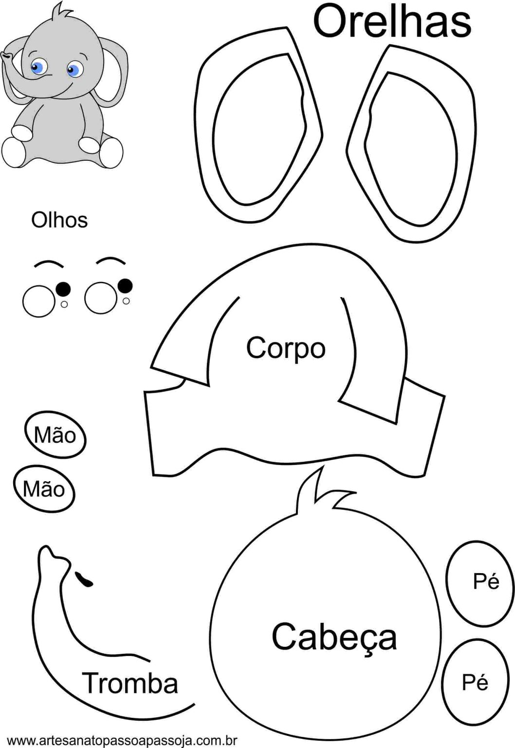 Molde de Elefante para imprimir e usar em feltro, EVA e tecido ...